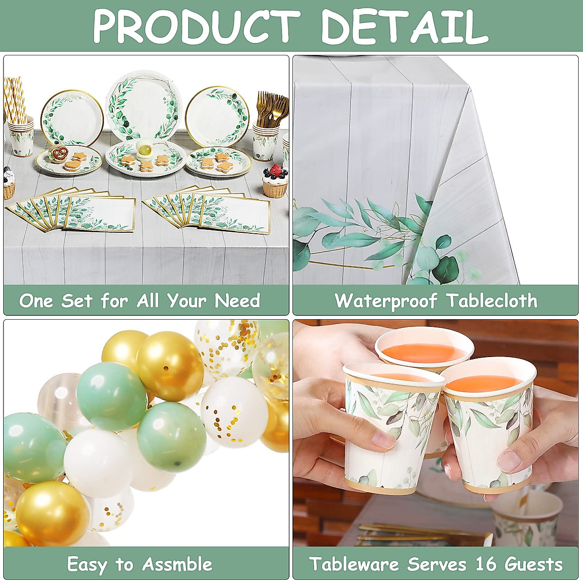 Eucalyptus Party Supplies Sage Greenery Plates and Napkins Green Leaf Tablecloth Balloons Gold Leaf Jungle Theme Boho Party Supplies for 16 Guests Tableware Bridal Wedding Decorations