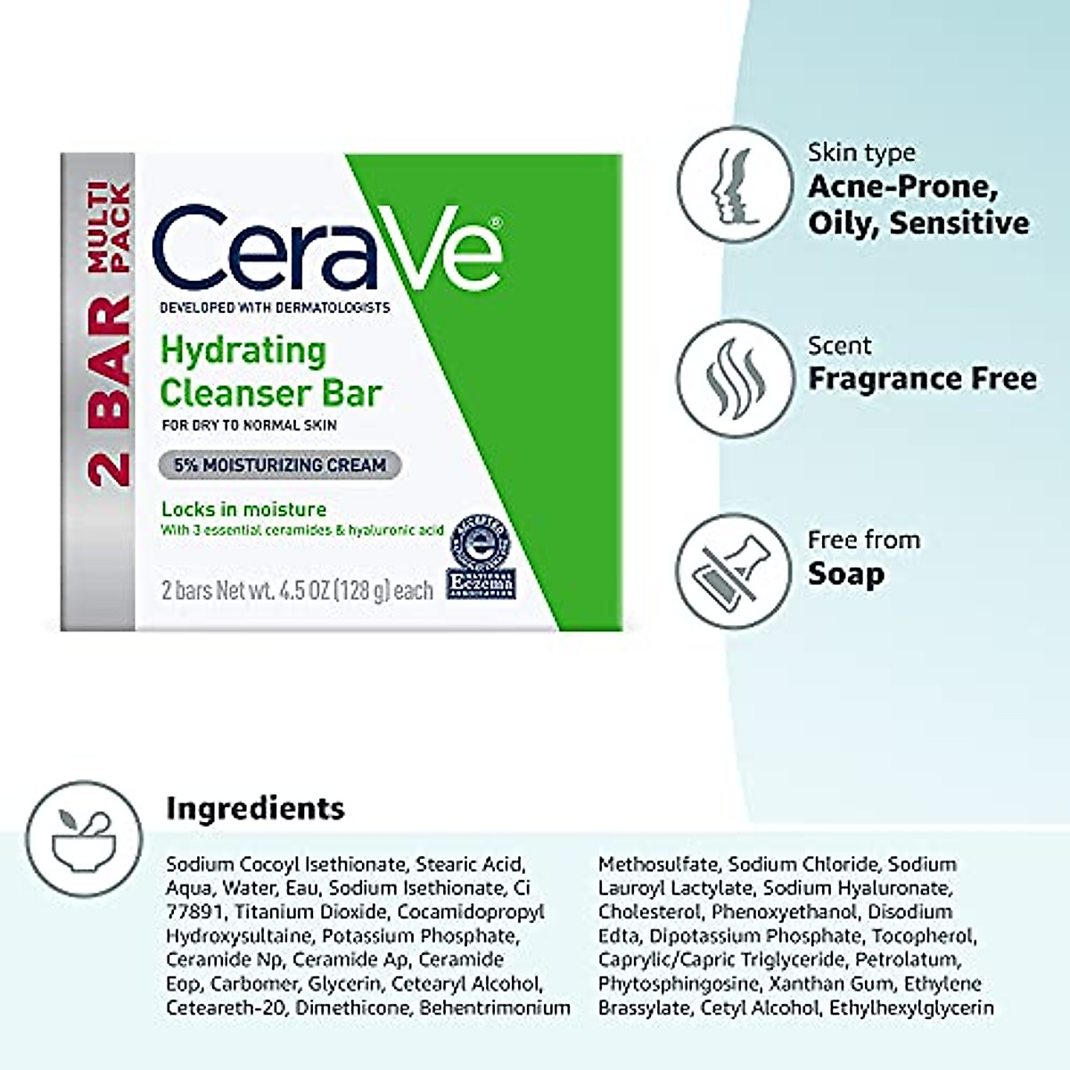CeraVe Hydrating Cleanser Bar, Soap-Free Body and Facial Cleanser with 5% Cerave Moisturizing Cream, Fragrance-Free, 2-Pack, 4.5 Ounce Each