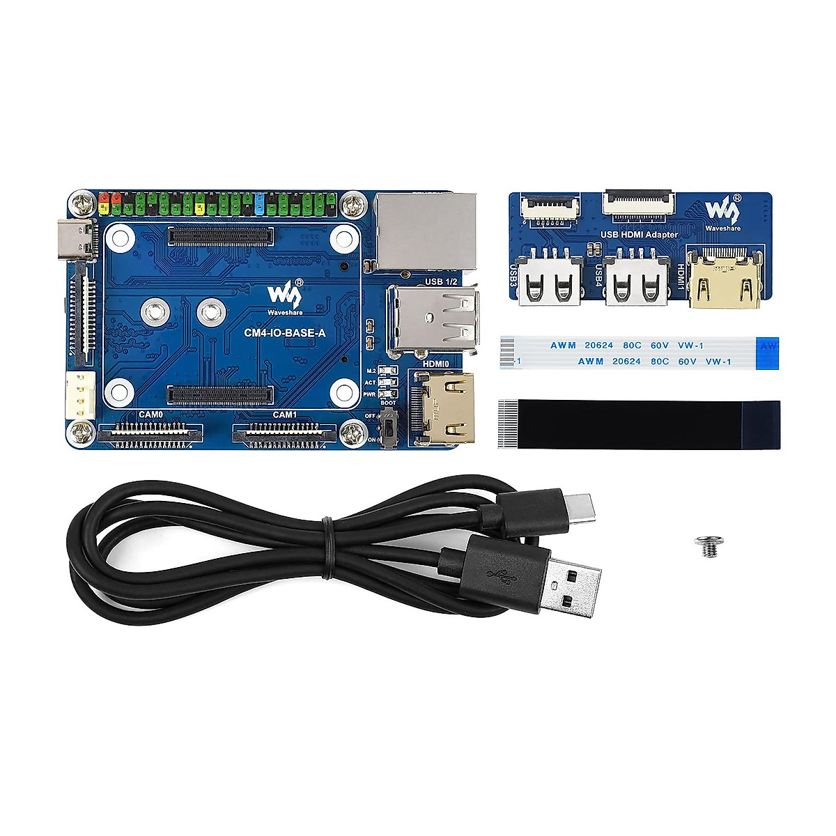 waveshare for Raspberry Pi Compute Module 4 Base Board Accessories Kit, Include CM4-IO-BASE-A (Lite Ver.), USB HDMI Adapter, FFC Cable and USB-A to USB-C Cable, More USB and HDMI Connectors via FFC