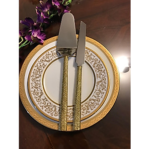 Elegant 2 Piece Cake Server Set 1 Cake Knife and 1 Cake Server 2 Tone Made of Stainless Steel and Beautiful Gold Design Ideal for Weddings, Parties, Elegant Events.