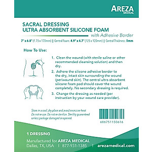 Areza Medical - Ultra-Absorbent Silicone Foam Wound Dressing - Waterproof - with Adhesive Border - sterile - designed for Sacral Wounds - 7" X 6.8" - 5 PCS Per Box