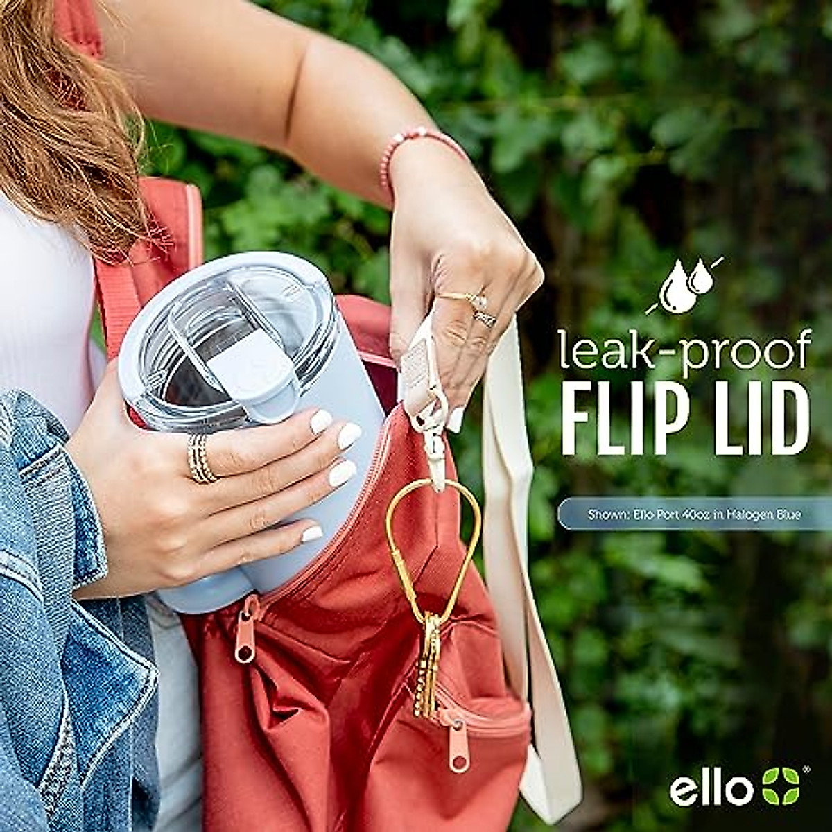 Ello Port 40oz Tumbler with Carry Loop & Integrated Handle, Vacuum Insulated Stainless Steel Reusable Water Bottle, Travel Mug with Leak Proof Lid & Straw for Iced Coffee & Tea, Halogen Blue