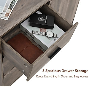 Iwell Storage Cabinet with 3 Drawers and Adjustable Shelf, Sideborad Buffet Cabinet with Door, Accent Cabinet for Living Room, Entryway, Hallway, Rustic Oak