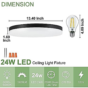DLLT 24W Modern Dimmable Led Flush Mount Ceiling Light Fixture, 13 Inch Black Round Close to Ceiling Lights for Bedroom, Kitchen, Dining Room, Living Room 3000K-6000K 5 Light Color Adjustable