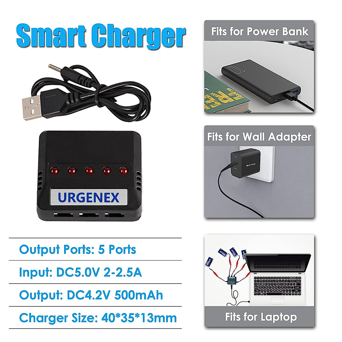 URGENEX 3.7V Lipo Battery 850mah Rechargeable Lipo with JST Plug X5 Charger for MJX Syma Holy Stone Sky Viper RC Quadcopter Drone X56W X400 X400W X300C X400C X800 HS110 HS200 S670 V950hd S1750 V2450