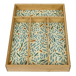 Evriholder DUOG6-AMZ Utensil Organizer Kitchen Drawer Divider, 4 Compartments with Decorative Feather Patterned Lining, Made of 100% Sustainably Sourced Bamboo, Green