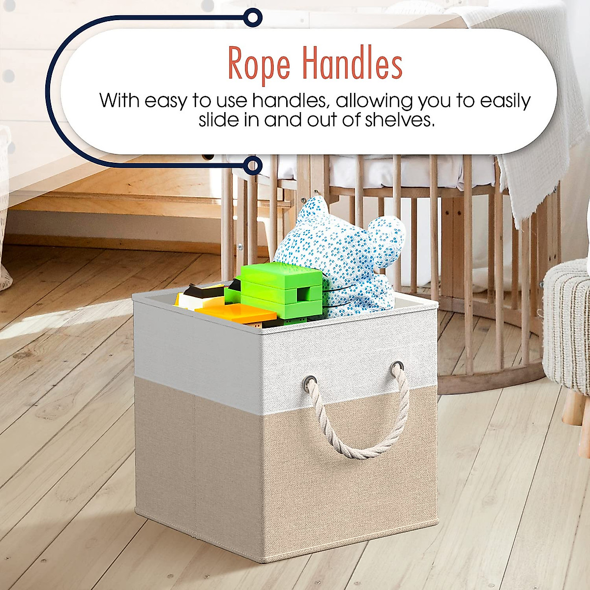 Ornavo Home Foldable Collapsible Storage Box Bins Linen Fabric Shelf Basket Cube Organizer with Rope Handles - Set of 6 - 13 x 13 x 13 - White/ Khaki