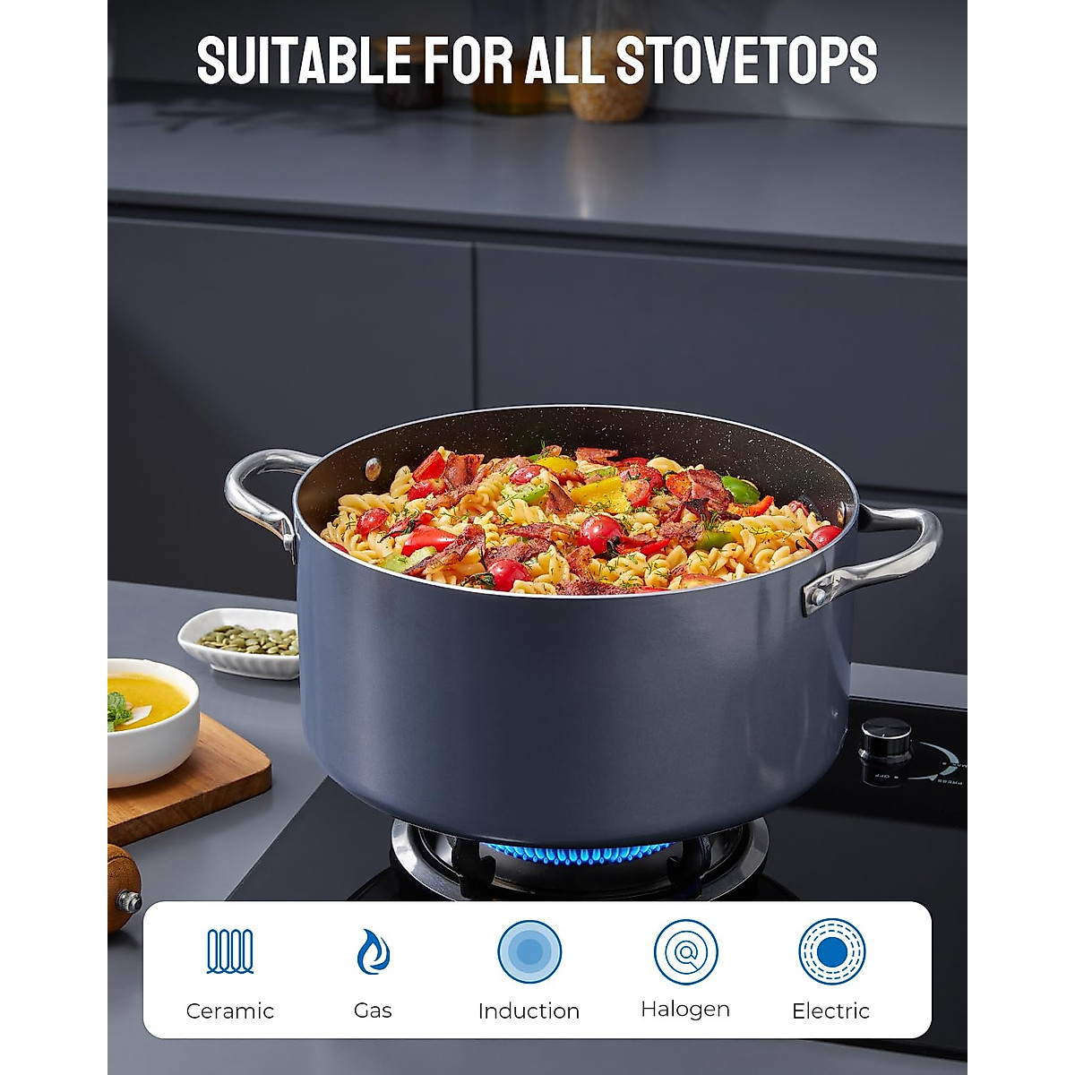 BEZIA 10 Quart Cooking Pot, Large Non Stick Induction Stock Pot with Lid, All Stove Compatible, 10 QT Aluminum Soup/Stew Pot For Large-batch Cooking, Grey