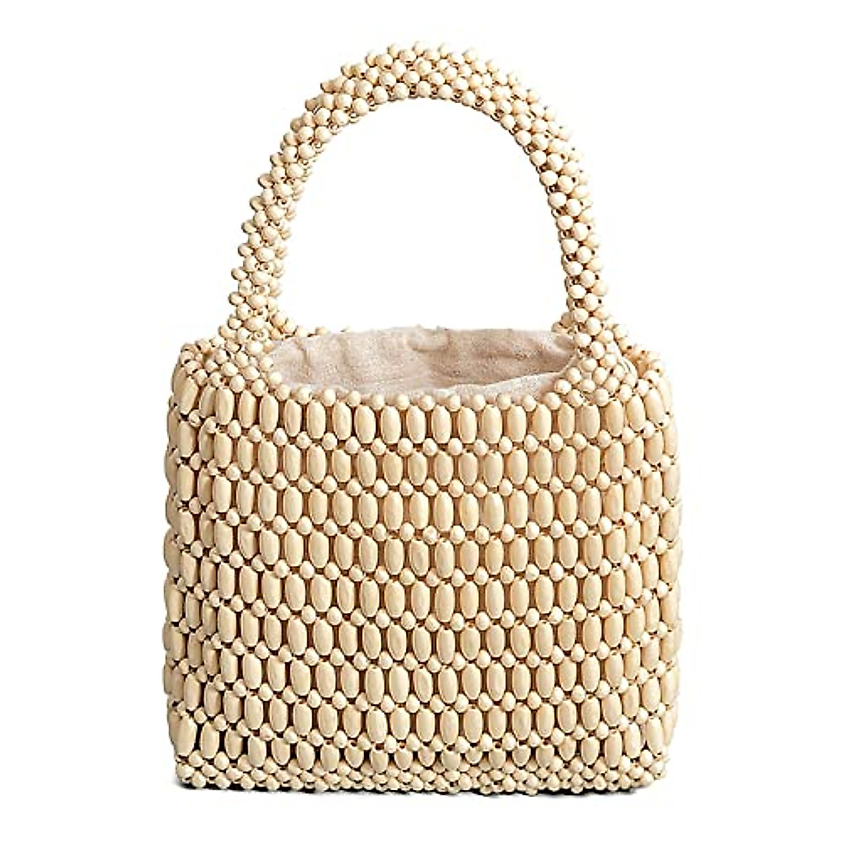 Sushinejing Tote Bag for Women Small Handmade Tote Purse Wood Beaded Retro Handbag (White)