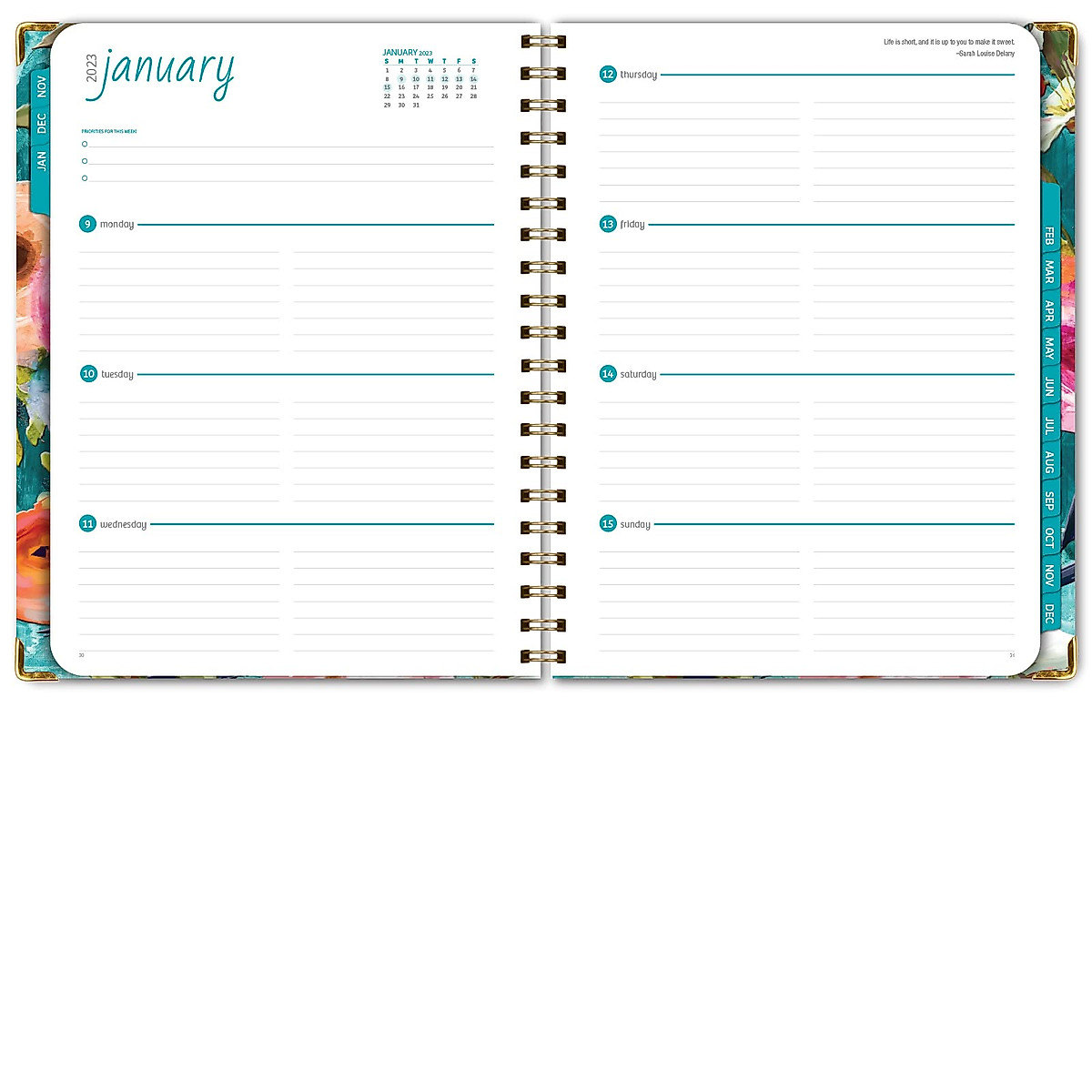 HARDCOVER 2023 Planner: (November 2022 Through December 2023) 8.5"x11" Daily Weekly Monthly Planner Yearly Agenda. Bookmark, Pocket Folder and Sticky Note Set (Teal Floral)