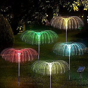 Meonum Solar Christmas Pathway Lights Outdoor Decorations 5 Pack, 7 Colors Changing RGB Light Waterproof Flower Jellyfish Firework Decor for Garden Patio Landscape Pathway Yard Holiday Decor