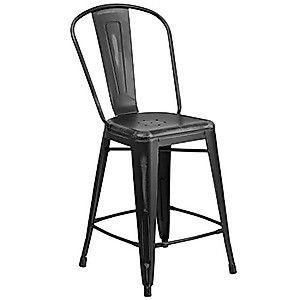 Flash Furniture Carly Commercial Grade 24" High Distressed Black Metal Indoor-Outdoor Counter Height Stool with Back