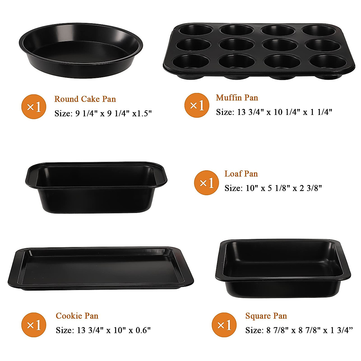 Tebery 5 Pack Nonstick Bakeware Set Includes Cookie Sheet, Loaf Pan, Square Pan, Round Cake Pan, 12 Cups Muffin Pan