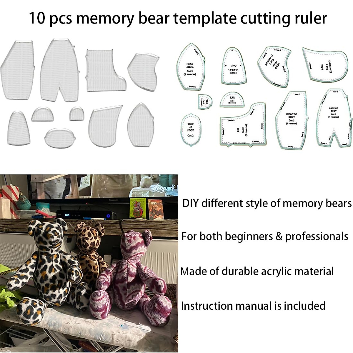 10 Pcs Memory Bear Template Ruler Set - Memory Bear Sewing Patterns Stencil Cutting Ruler - Acrylic Quilting Template for Sewing Craft - Gifts for Halloween Christmas Birthday Decorations