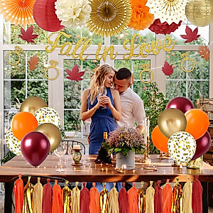 Fall in Love Bridal Shower Decorations-Fall Themed Maple Leaves Ring Gold Orange Maroon Fall in Love Banner Set for Wedding Engagement Party