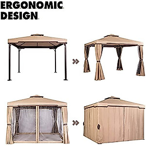 Skiway 10'x 10' Patio Gazebo Canopy Outdoor Tent Shelter with Double Square Tops, Shade Curtains and Mosquito Netting -Brown, Front Porch