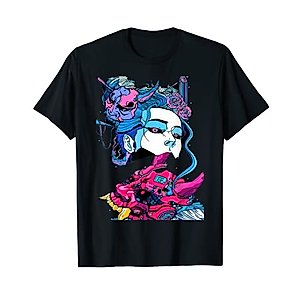 Cyberpunk Aesthetic Samurai Demons Mask Japanese Girl T-Shirt