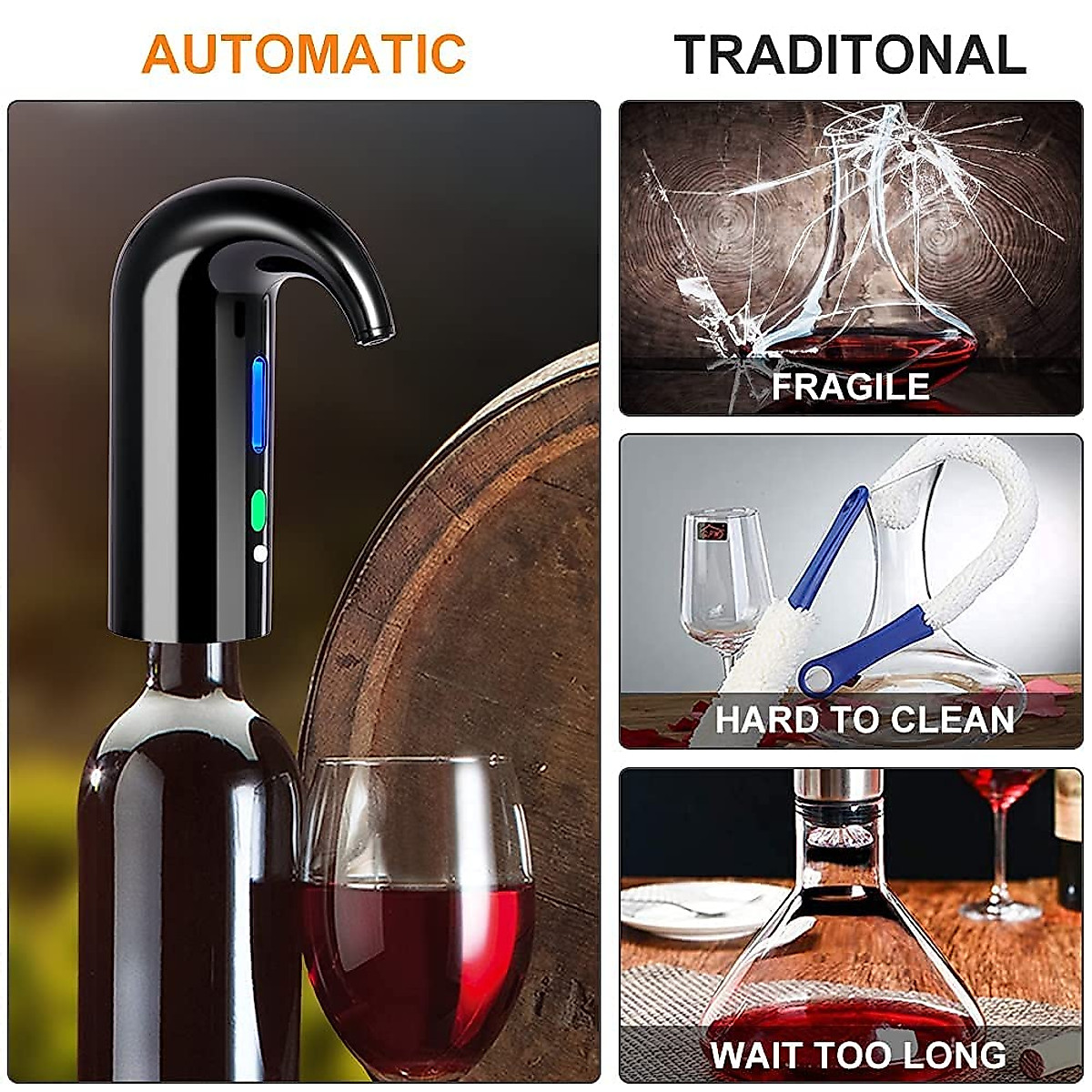 Electric Wine Aerator, Electric Wine Pourer and Wine Dispenser Pump, Multi-Smart Automatic Filter Wine Dispenser with USB Rechargeable for Travel, Home and Bar(Black)