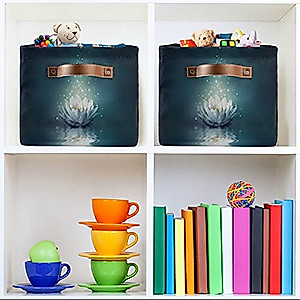 Rectangular Storage Bin Cube Magic Lotus Floral Foldable Organizer Basket with Handles, Glowing Waterlily Flower Floating On Pond Artwork Collapsible Storage Box Kid Toy Shelf Closet Nursery