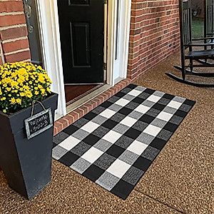 KIMODE Buffalo Plaid Outdoor Rug Runner Doormat 24'' x 51", Black/White Cotton Woven Checkered Farmhouse Porch Outdoor Rugs, Washable Indoor Door Mat for Front Layered Kitchen Bathroom Laundry Room
