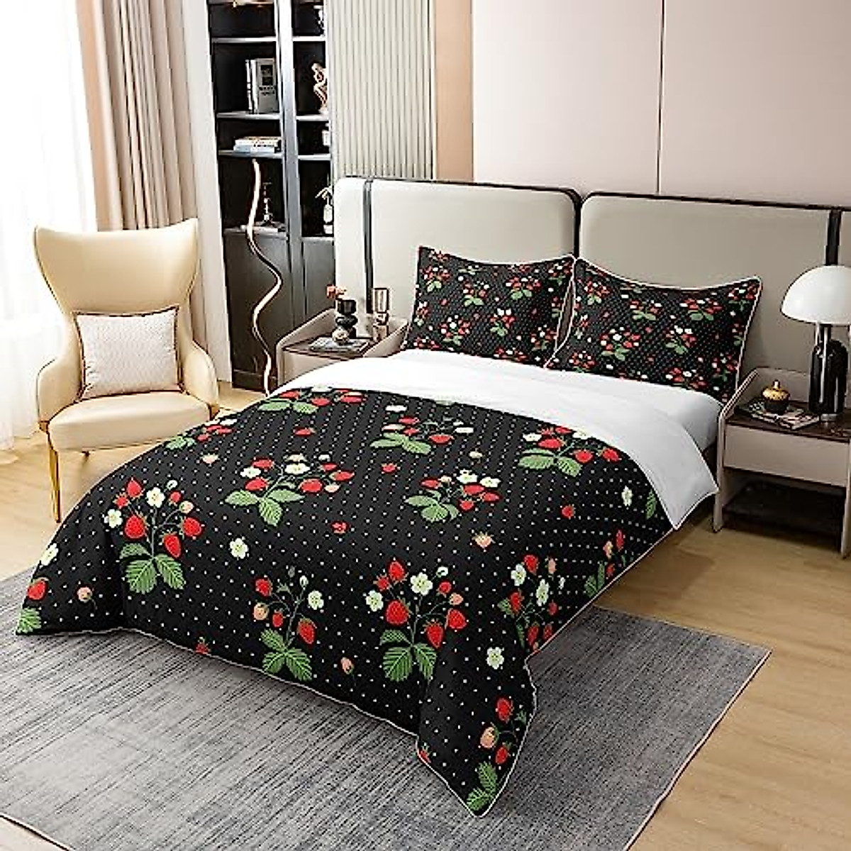 Castle Fairy 100% Cotton Red Strawberry Duvet Cover Queen Sweet Fruits Bedding Set for Boys Girls Bedroom Rustic Flowers Plant Comforter Cover White Dots Simple Style Soft Breathable Quilt Cover
