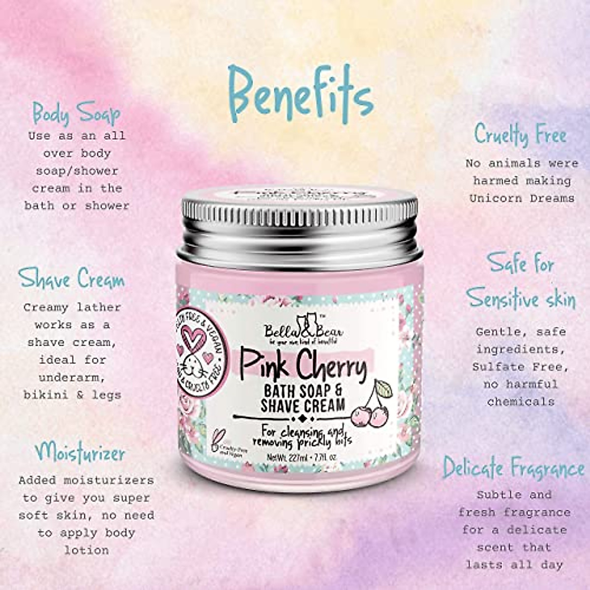 Bella & Bear Pink Cherry Bath Soap & Shave Cream, Paraben Free, No Harmful Chemicals, Cruelty Free, Vegan, 6.7oz