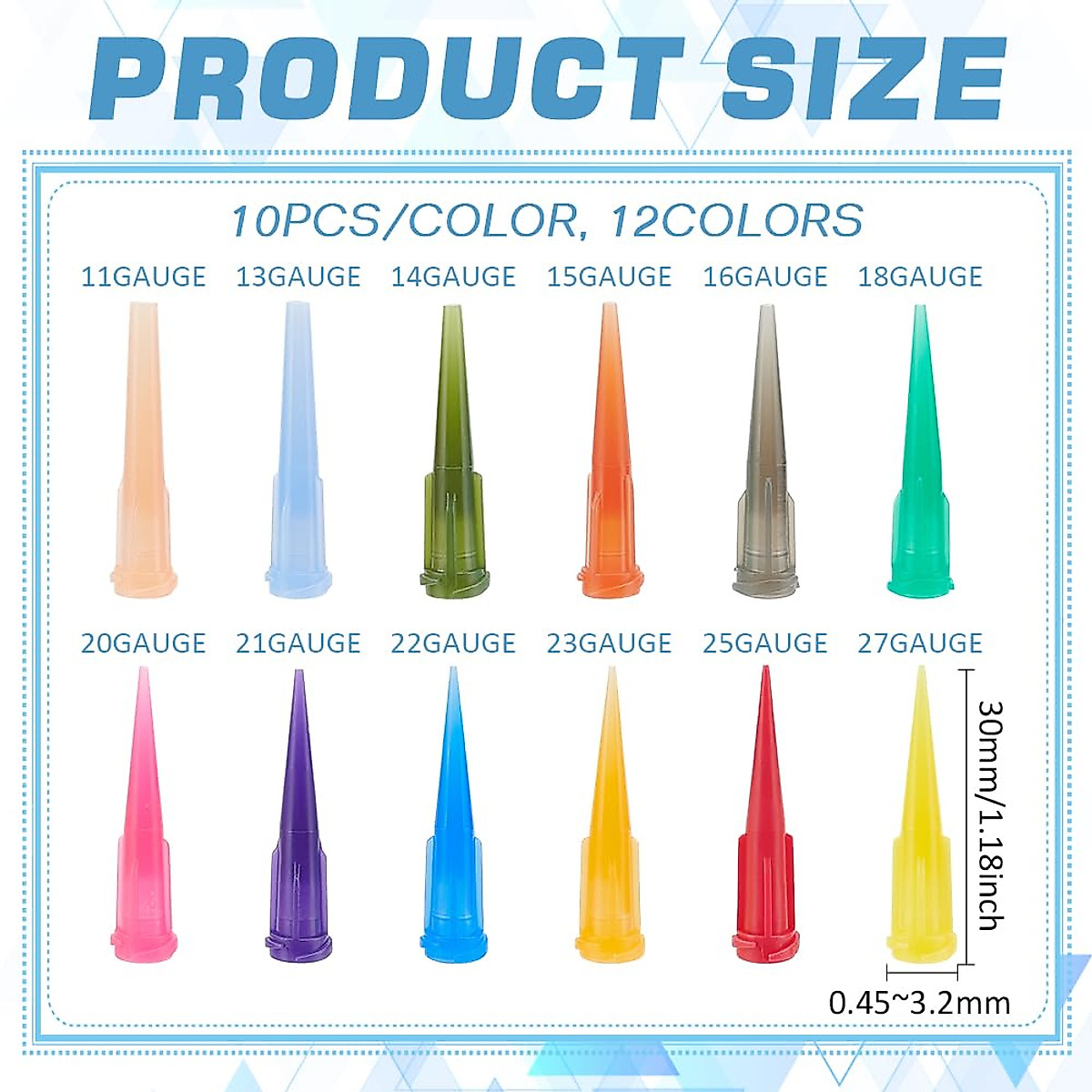 BENECREAT 120Pcs Blunt Plastic Tapered Tip Plastic Dispensing Needle Tips with 12 Mixed Size for Refilling Glue Fluid Precisely(12GA/13GA/14GA/15GA/16GA/18GA/20GA/21GA/22GA/23GA/25GA/27GA)