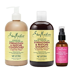 SheaMoisture Strengthen and Restore Shampoo, Conditioner and Body Care Oil Set for Dry Skin and Hair - Jamaican Black Castor Oil with Shea Butter