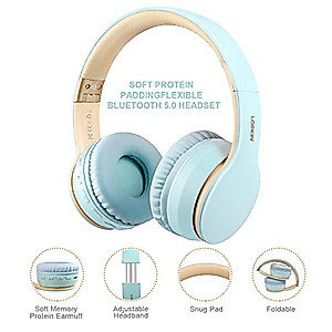 LOBKIN Over Ear Headphones with Microphone, Stereo Hi-Fi Sound Noise Cancelling Headphones, Portable FM Radios TF Foldable Headsets Wireless Bluetooth Headphones (Powder Blue)