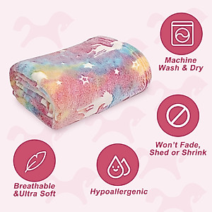 Cozwiv Glow in The Dark Blanket for 1-10 Year Old Girl Birthday Ideas Cool Unicorns Gifts for Age 1 2 3 4 5 6 7 8 9 10 Year Surprise Toys for Kids Toddler Blanket 50”X60”