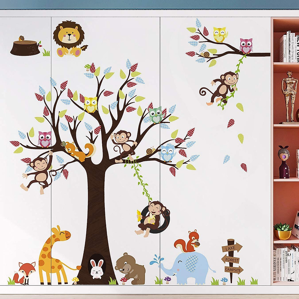 LiveGallery Cartoon Animals Wall Decals Removable Tree Wall Stickers DIY Owls Wall Art Cute Monkey Elephant Giraffe Wall Decal for Kids Boys Children Bedroom Playroom Nursery Rooms Decoration 39"x65"