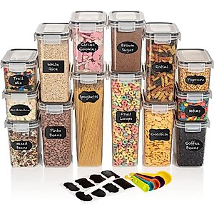 Generic Food Storage Container Set, 14 Pieces, Airtight with Lids & Labels, BPA Free Plastic for Kitchen Pantry Organization, Clear, AFF002