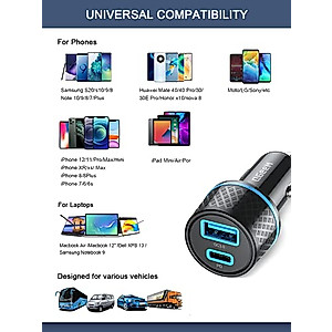 USB C Car Charger,QGeeM 42.5W Car Charger Adapter with Power Delivery & Quick Charge 3.0 USB Car Charger 2 Port Fast Charging Compatible for iPhone13/12/11 Pro/Max/XR/XS,iPad Pro/Air,Galaxy S21/10/9