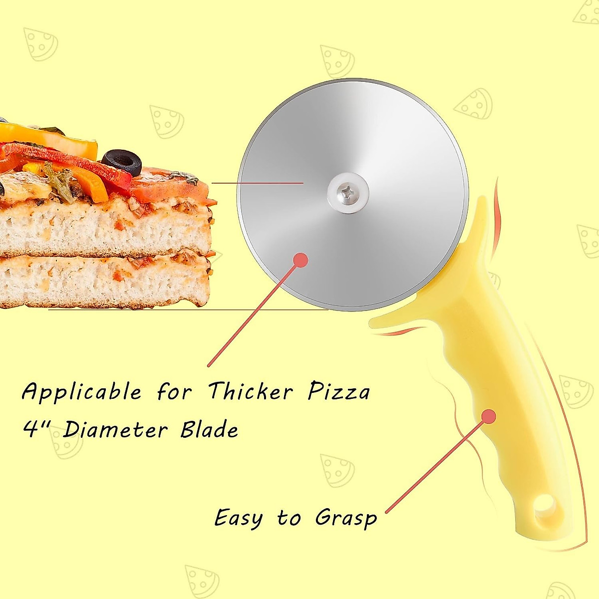 4-Inch Super Sharp Pizza Cutter Wheel,Stainless Steel Large Blade Pizza Cutter with Cover,Premium Kitchen Pizza Slicer with Good Grips Handle,Easy to Clean and Dishwasher Safe-Yellow