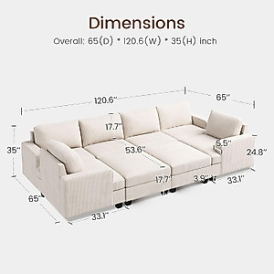 Nolany Modular Sectional Couch with Storage Ottoman, Corduroy Sectional Sleeper Sofa with Chaise, Sectional Couches for Living Room, Beige