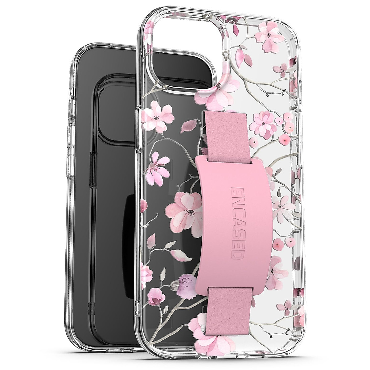 ENCASED Finger Loop Case, Designed for iPhone 15 Plus (2023) Hand Strap Clear Cover with Silicone Grip Phone Holder (Pink Flowers)