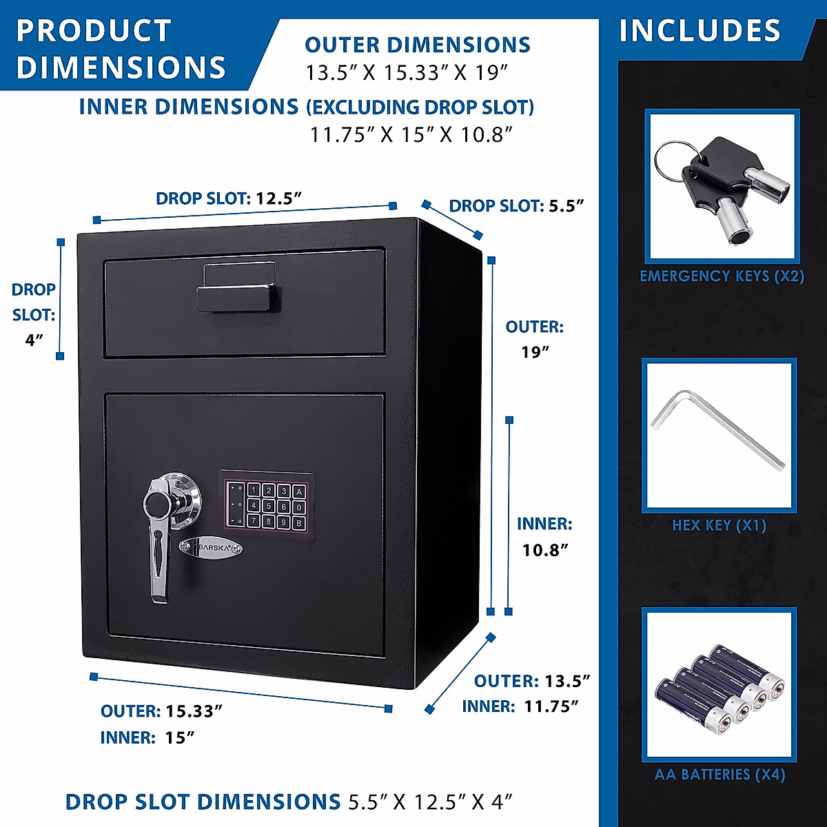 Barska AX11930 Large 1.10 Cubic Ft Digital Multi-User Keypad Security Business Depository Drop Safe with Front Load Drop Box for Money, Cash, and Mail