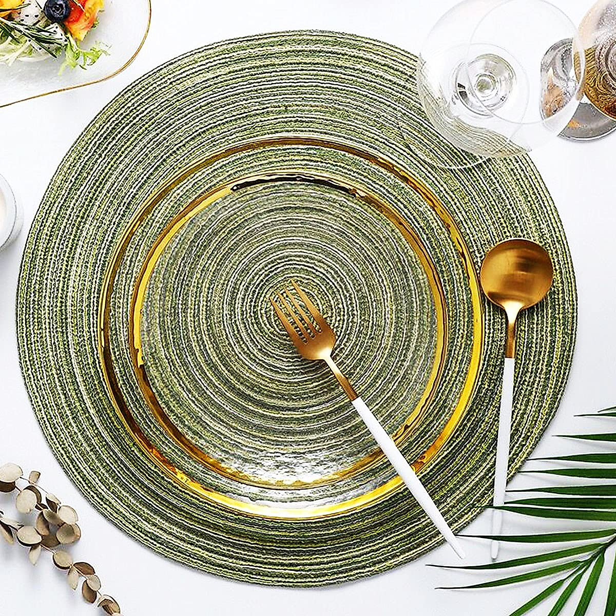 Round Braided Placemats Set of 4, Cotton Round Table Placemats 15 inch for Home Wedding Party (Green)