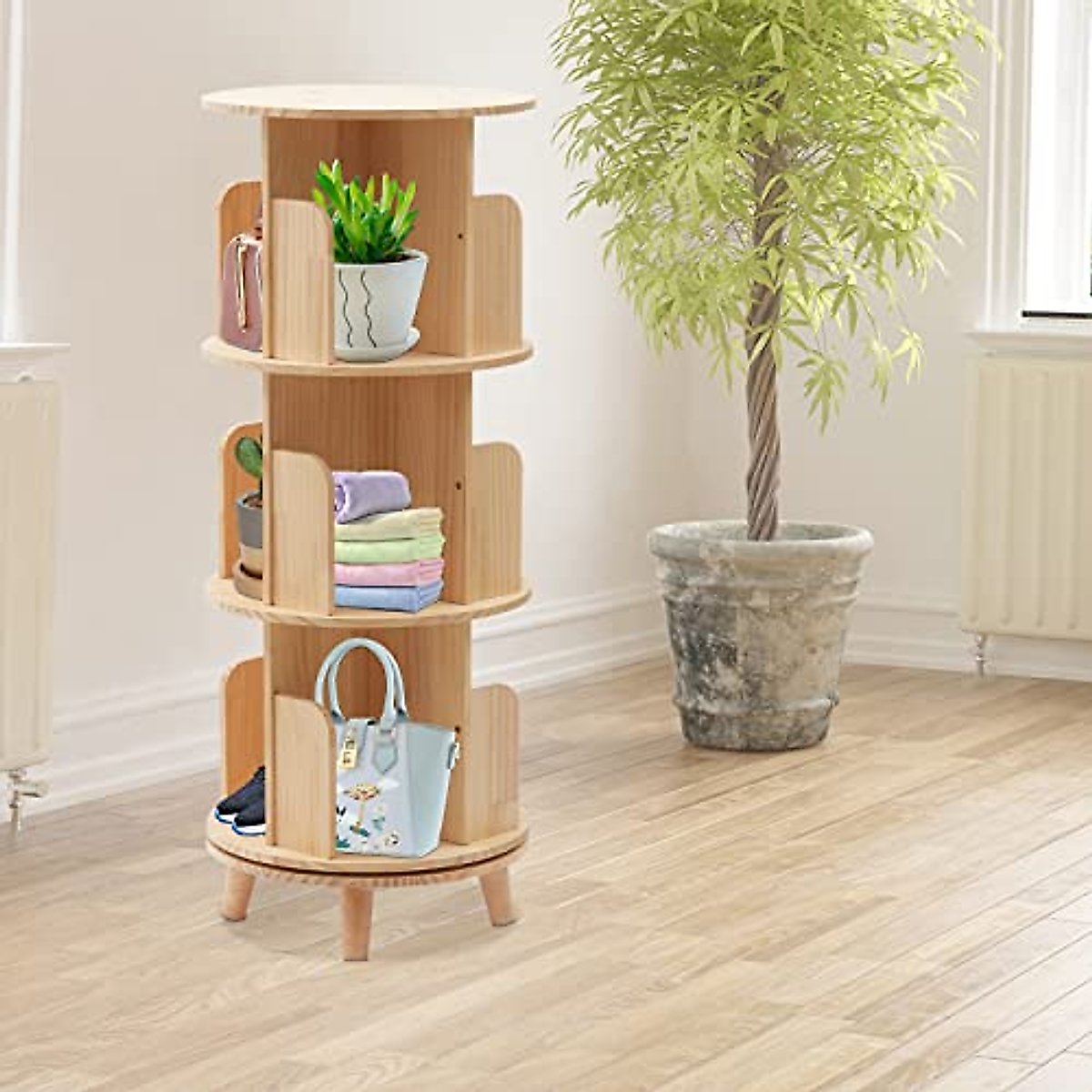 Aohuada 3-Tier Rotating Bookshelf 360° Display Rotating Stackable Shelves Floor Standing Bookcase Storage Rack Bookshelf Organizer Used in Bedroom, Living Room Study Room