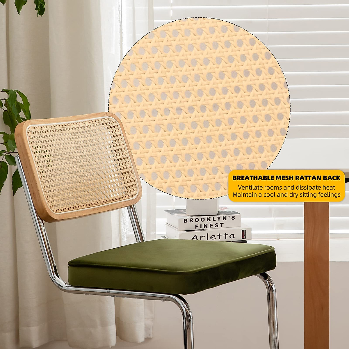 MFFM Dining Chairs Set of 2, Velvet Rattan Side Accent Chairs with Chrome Legs, Modern Mid Century Breuer Designed Chairs, Upholstered Dining Living Room Kitchen Chairs (Olive Green-2pcs)