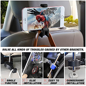 2PCS Car Headrest Hidden Hook, 2 in 1 Multifunctional Car Seat Back Hanger Storage Hook with Phone Holder, Automotive 360° Rotation Headrest Purse Handbag Holder Universal for Toys Groceries (Red)