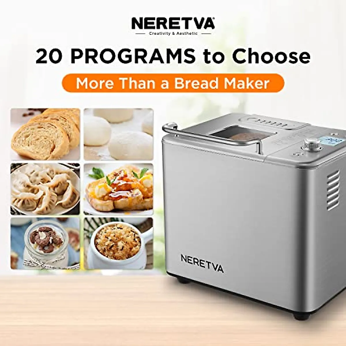 Neretva Bread Maker Machine , 20-in-1 2LB Automatic Breadmaker with Gluten Free Pizza Sourdough Setting, Digital, Programmable, 1 Hour Keep Warm, 2 Loaf Sizes, 3 Crust Colors - Receipe Booked Included (Sliver)