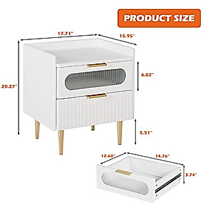 AILEEKISS Nightstand with Wireless Charging Function Modern Night Stands with Tempered Glass Drawer Wooden Nightstands for Bedroom (White)