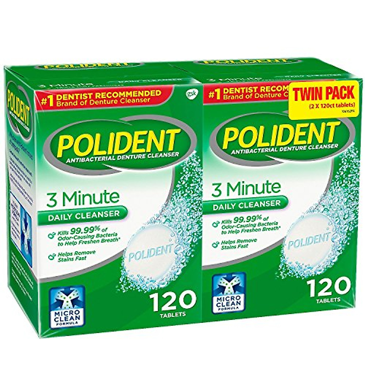 Polident 3 Minute, Antibacterial Denture Cleanser 120 ea (Pack of 2)