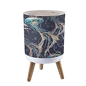 Small Trash Can with Lid sea Jellyfish Seahorse Shell Starfish Coral Bubbles Spray Watercolor Round Recycle Bin Press Top Dog Proof Wastebasket for Kitchen Bathroom Bedroom Office 7L/1.8 Gallon