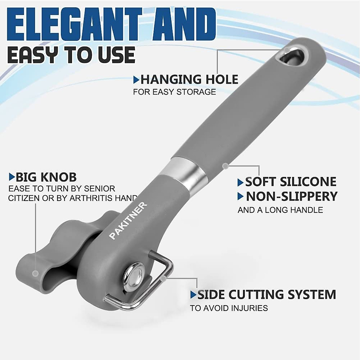 PAKITNER- Cut safe can opener, Manual can opener smooth edge - handheld Side cut can opener with Sharp Blade, Comfortable Grip Handle Food Grade Stainless Steel Cutting Can Opener, Gray
