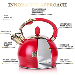 SUSTEAS Stove Top Whistling Tea Kettle-Surgical Stainless Steel Teakettle Teapot with Cool Touch Ergonomic Handle,1 Free Silicone Pinch Mitt Included,2.64 Quart(RED)