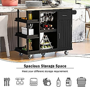 JVIBI Multipurpose Kitchen Cart Cabinet with Side Storage Shelves,Rubber Wood Top, Adjustable Storage Shelves, 5 Wheels, Kitchen Storage Island with Wine Rack for Dining Room, Home,Bar,Black