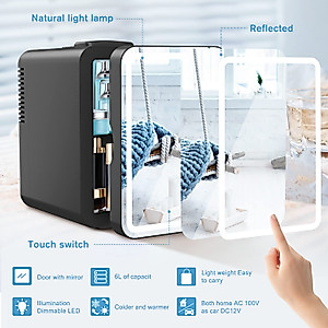 COOSEON Mini Fridge with Mirror, AC/DC Portable Thermoelectric Cooler and Warmer Refrigerators for Beauty, Skin Care, Makeup, Bedroom, Room, Car (6L-Black)