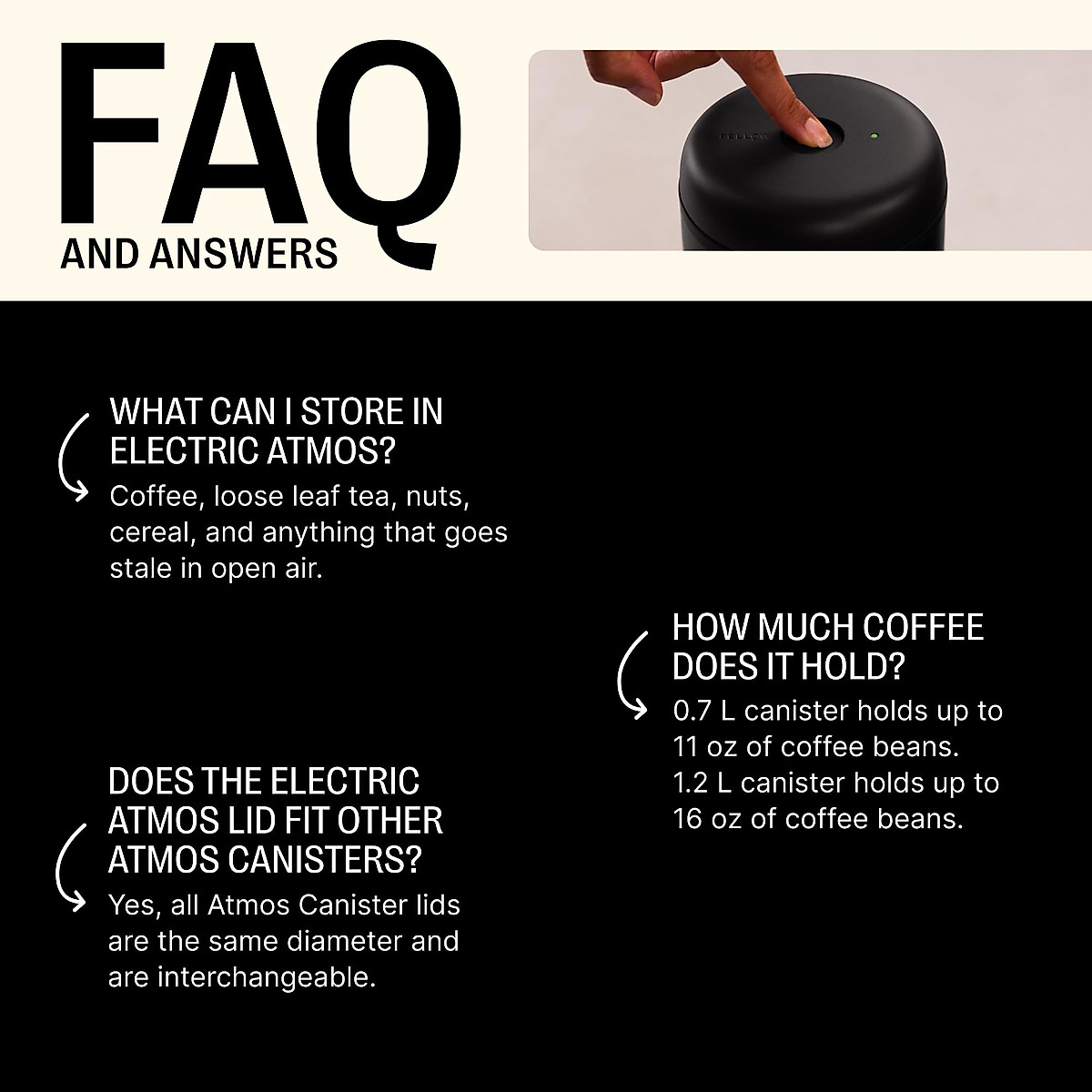 Fellow Atmos Electric Vacuum Canister & Storage Container - Airtight Coffee & Food Storage Containers - Coffee Containers - (Matte Black, 1.2 Liter)